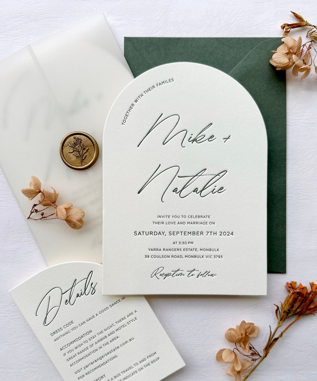Letterpress Arch Wedding Invitation Suite, Olive Green Minimalist ...