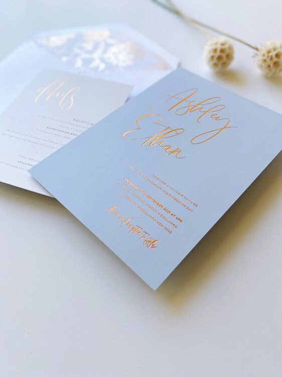 Baby Blue Wedding Invitation With Copper Foil. Hot Foil Invite. Gold ...
