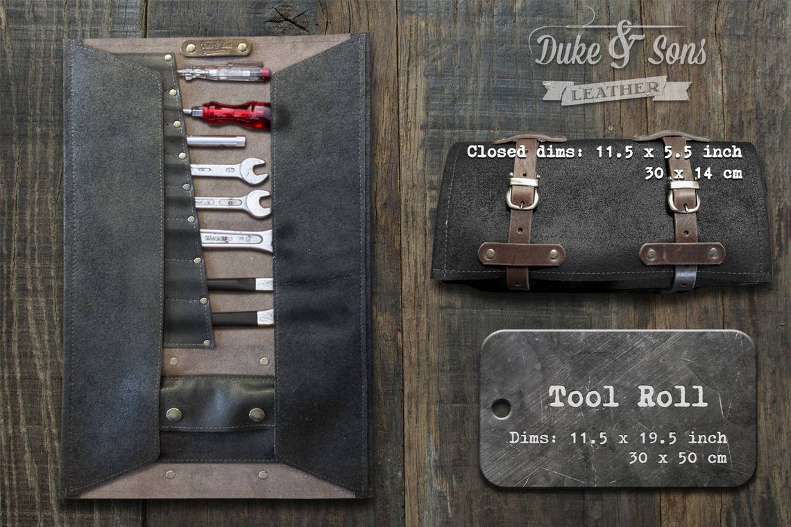 Leather Tool Roll black leather with pockets | Etsy