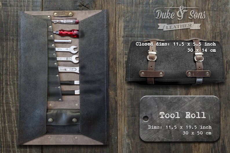 Leather Tool Roll black leather with pockets | Etsy