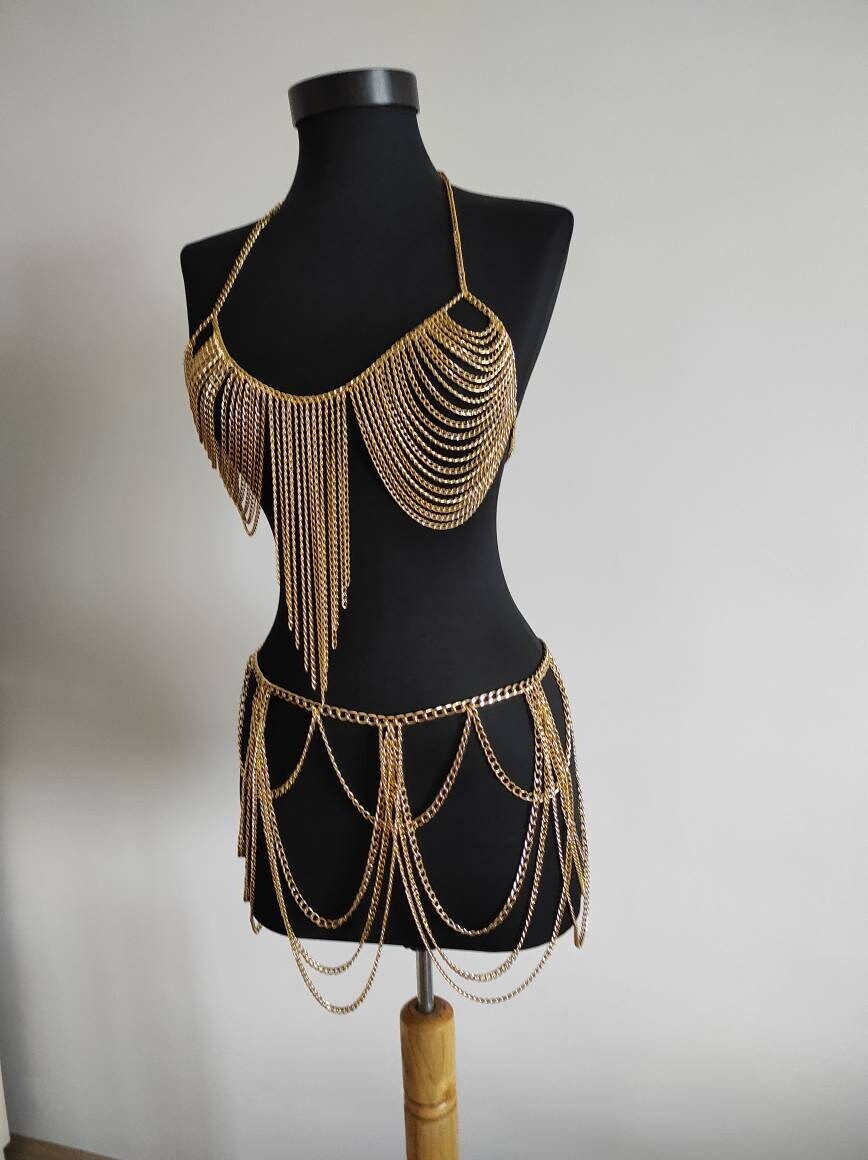 Rave Outfit SET Gold Body Chain SET I Bralette Dancer Belly | Etsy