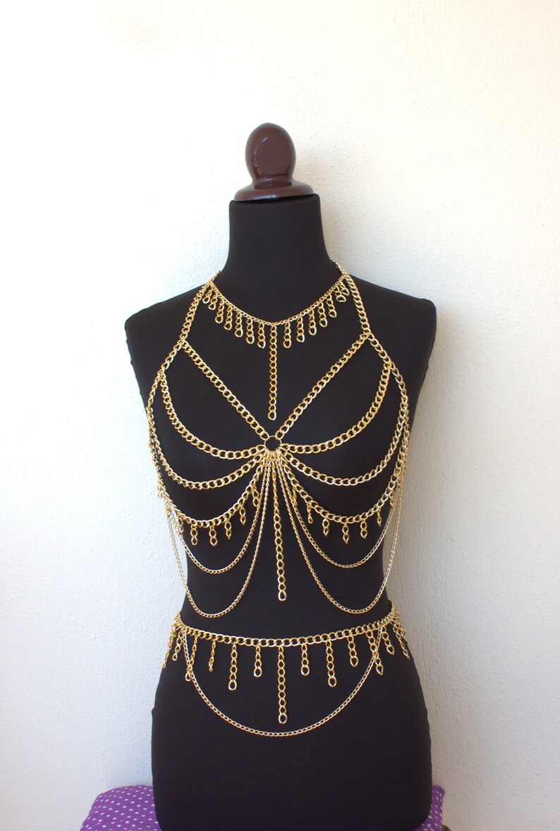 Rave Outfit SET Chain Body Harness Bralette Dancer Belly | Etsy