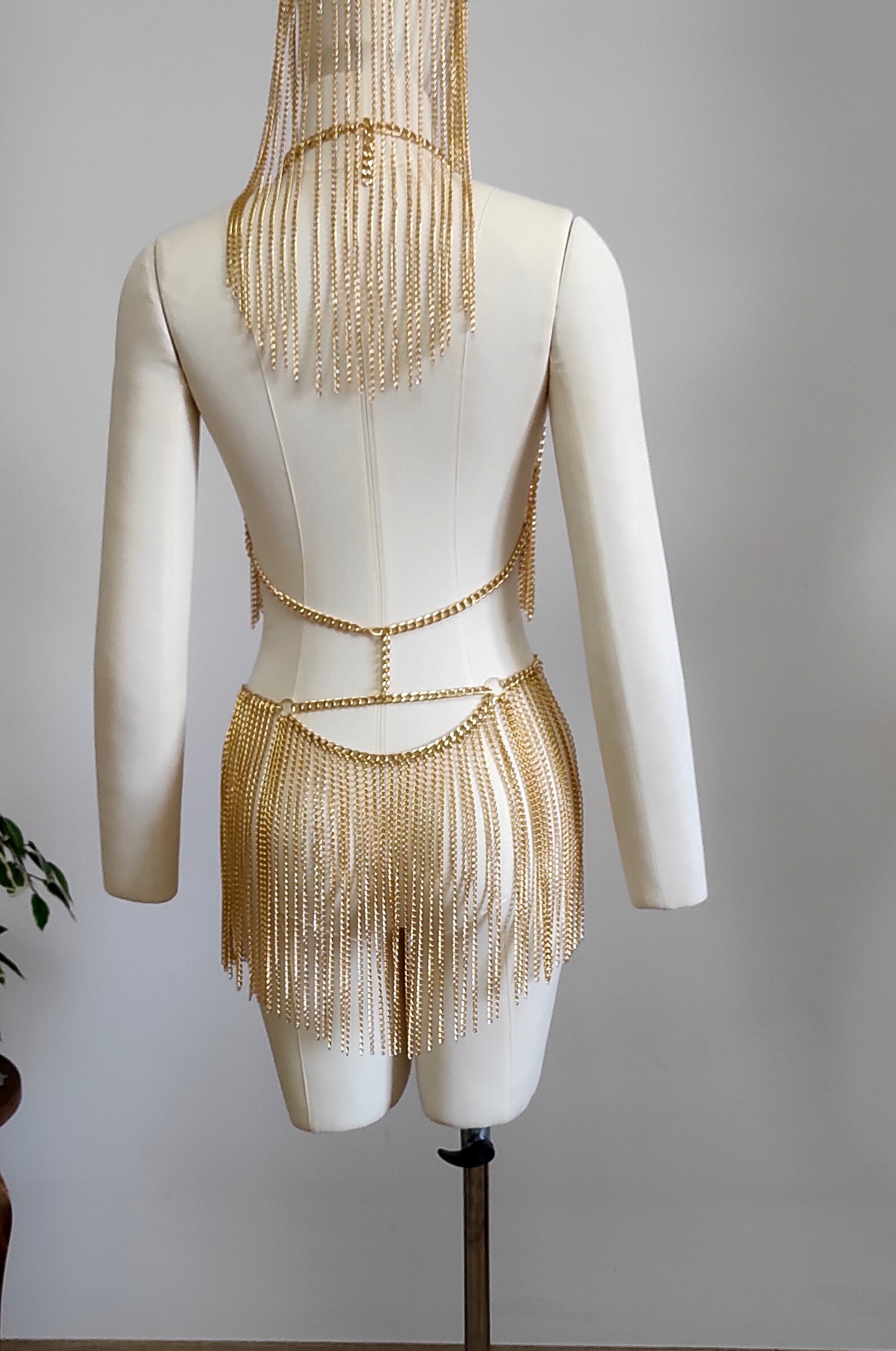 Gold SET Bra Bottom Face Chain Dress Mini Skirt Festival - Etsy
