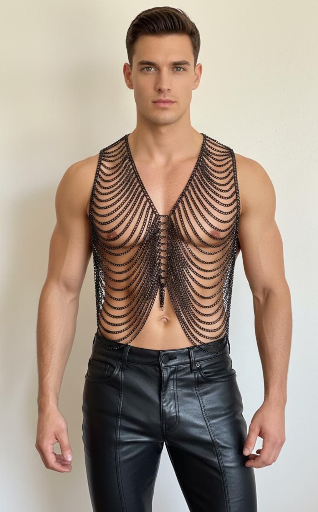 Men's Black Body Chain Vest, Gothic Chest Harness Jewelry, Festival ...
