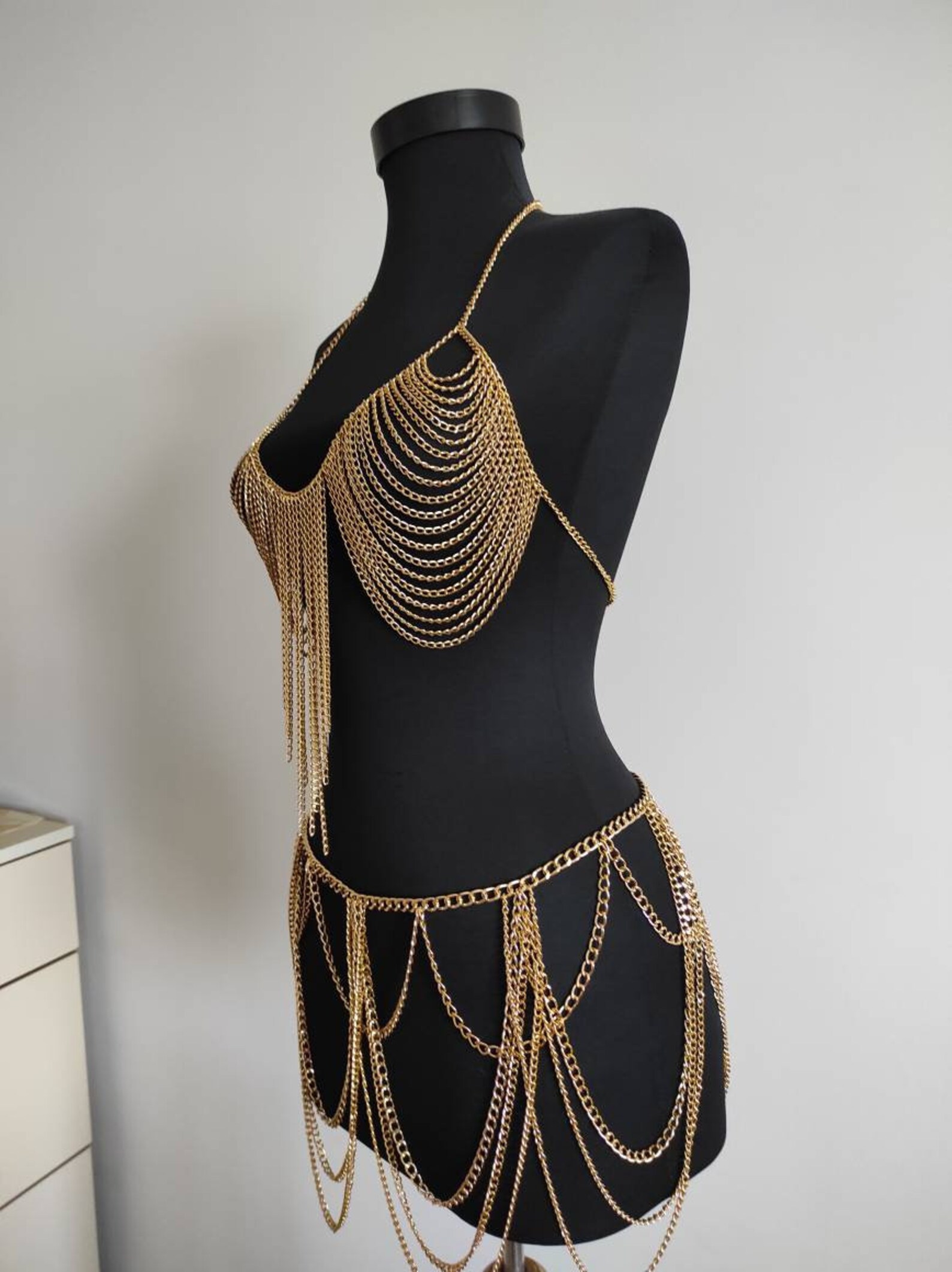 Rave Outfit SET Gold Body Chain SET I Bralette Dancer Belly - Etsy