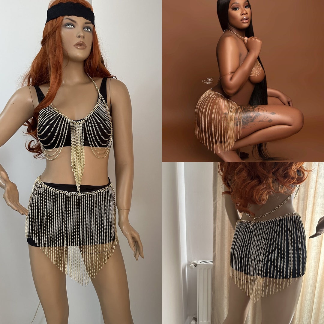 Chain Bra Set, Chain Dress, Mini Skirt, Festival Costume, Body Jewelry, Gypsy Waist Chain FS-27 ...