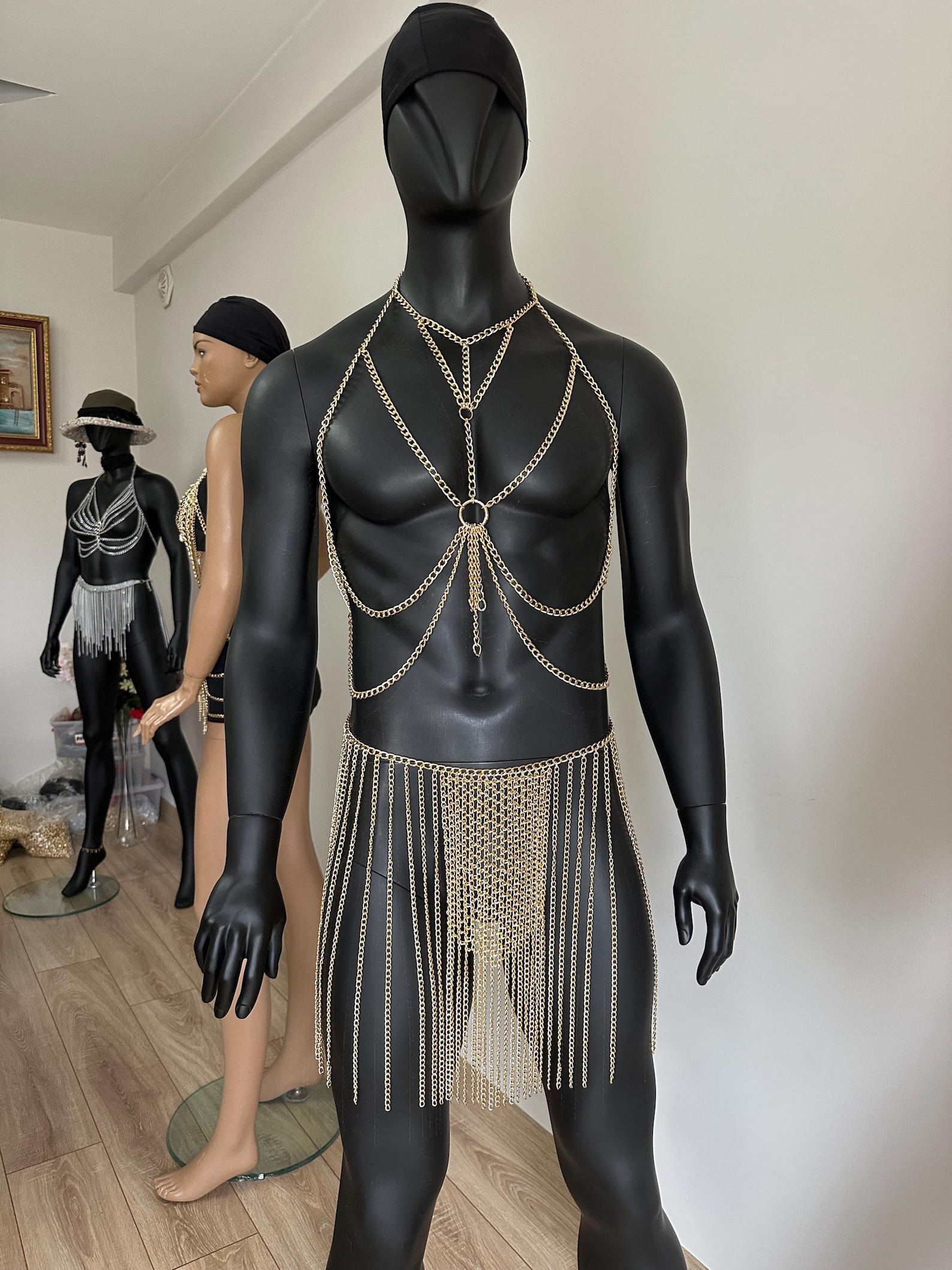 Gold Chain Dress, Men Festival Costume, Halloween, Cuban Body Chain Set ...
