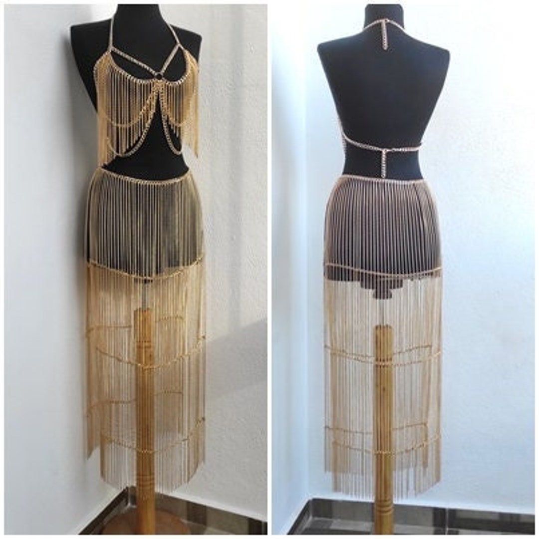 Gold Long Skirt Bra Set Tassel Christmas Dress Chain, Party Dress Bra ...