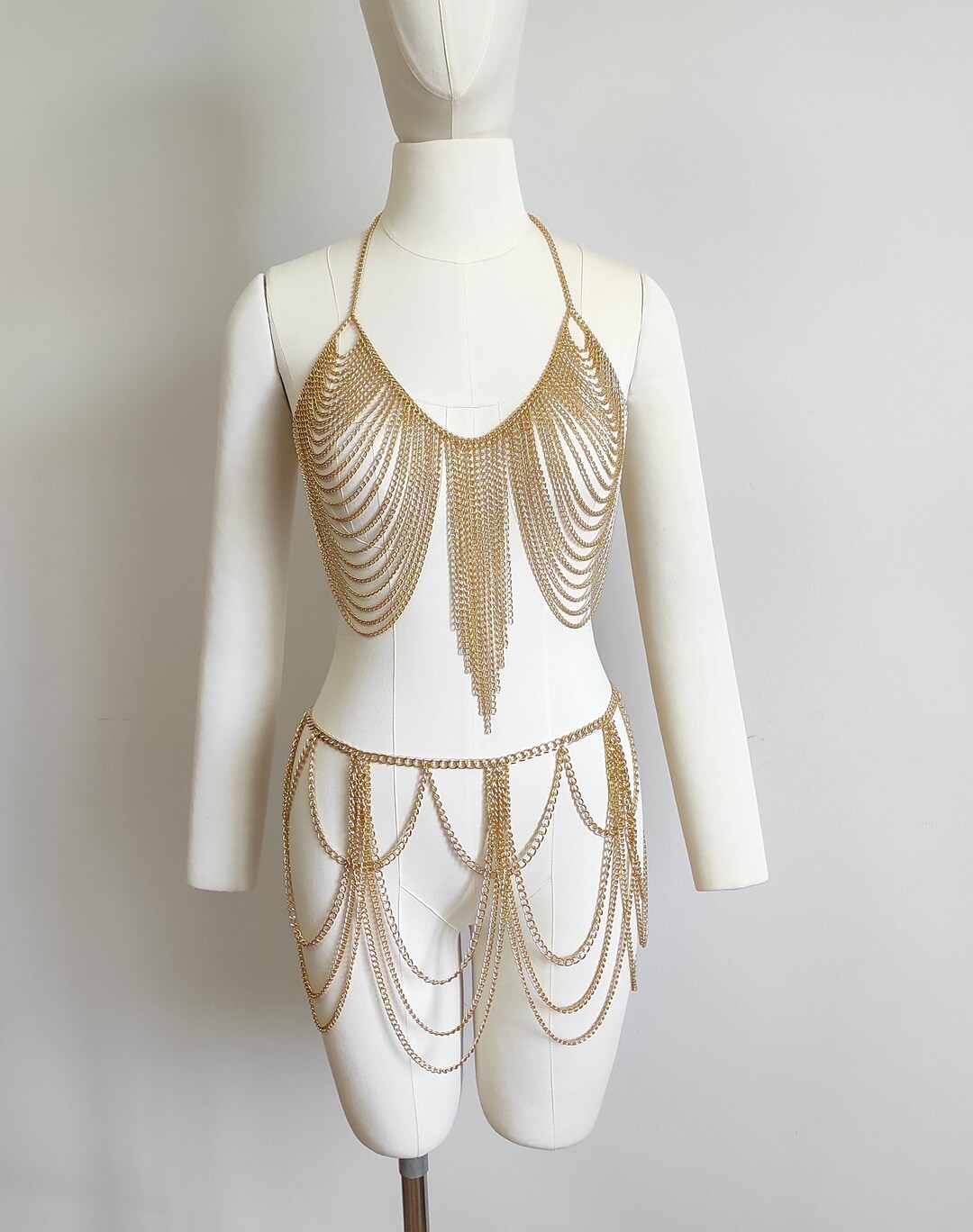 Rave Outfit SET Gold Body Chain SET I Bralette | Dancer Belly Chain ...