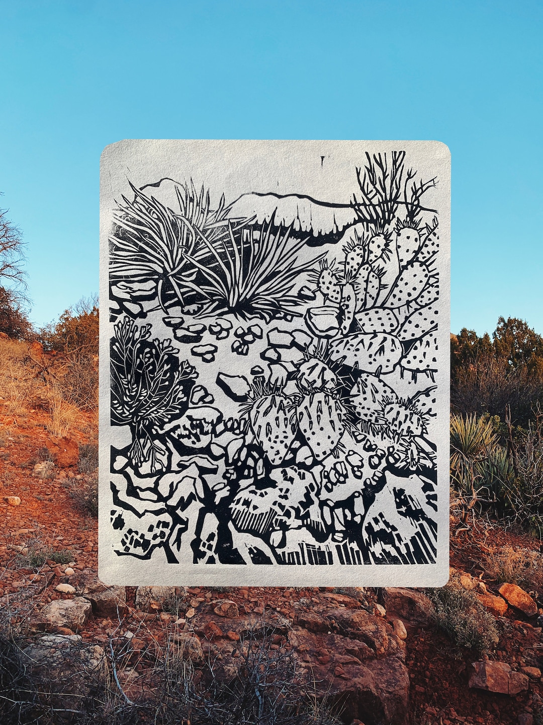 Desert Scene Linocut Print on Thai Kozo Mulberry Paper, Hand-carved ...