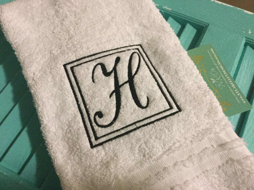 Square Framed Initial Towel | Custom Monogrammed Initial on White Hand ...