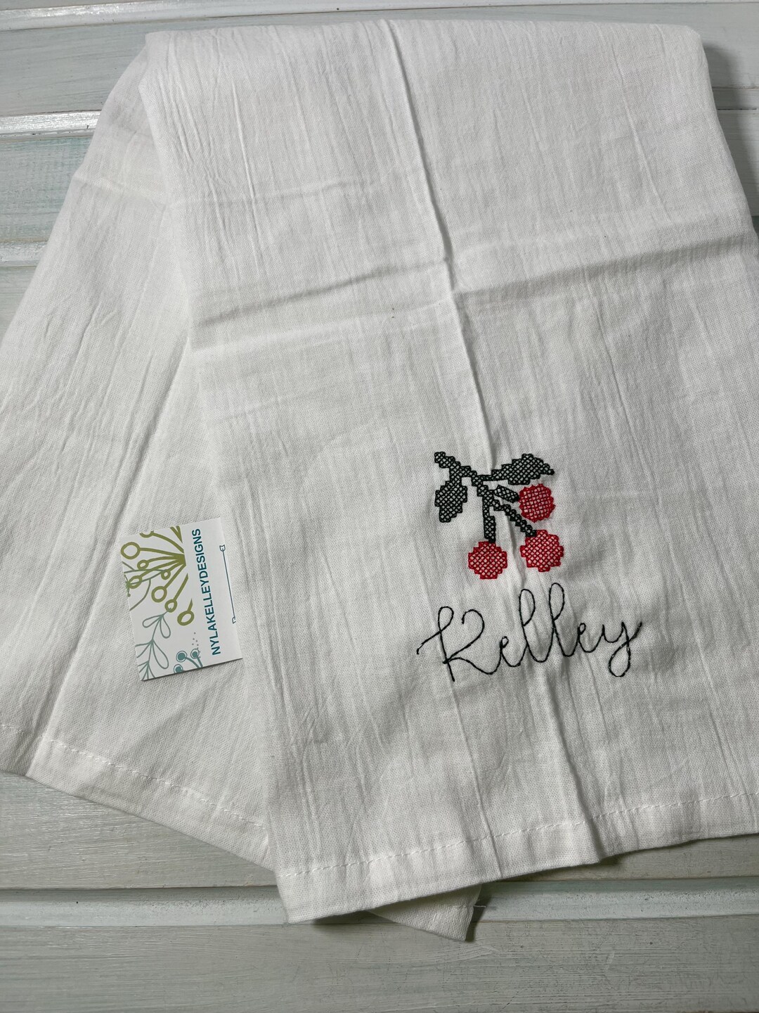 1 White Flour Sack Towel Crossstitch Embroidered Holly+1 Name Custom ...