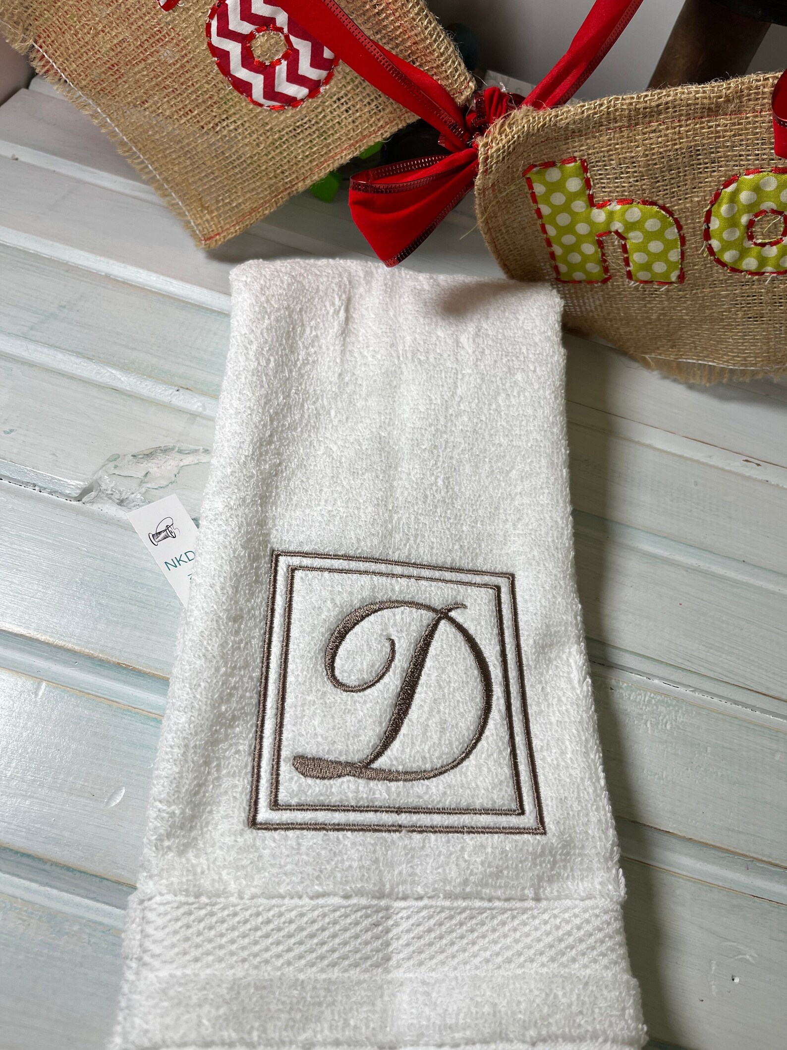 Square Framed Initial Towel | Custom Monogrammed Initial on White Hand ...