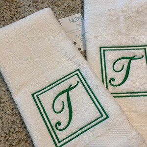 Square Framed Initial Towel | Custom Monogrammed Initial on White Hand ...