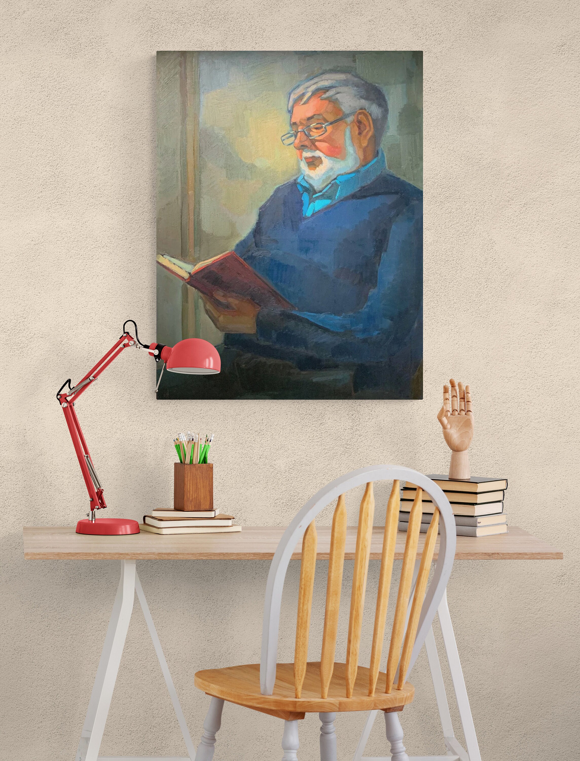 Reading Man Portrait, Original Oil Painting on Canvas in Blue, Gray ...