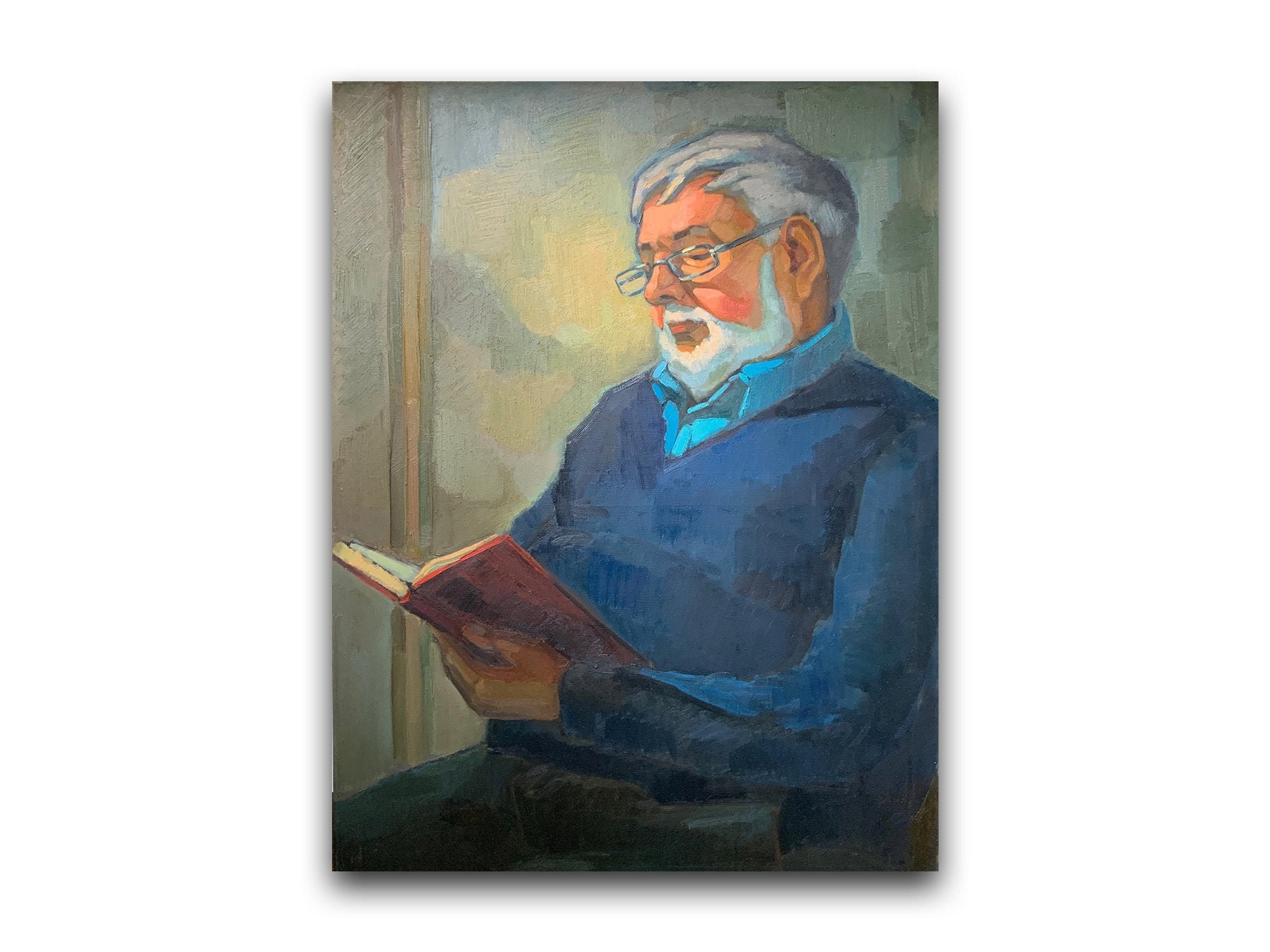Reading Man Portrait, Original Oil Painting on Canvas in Blue, Gray ...