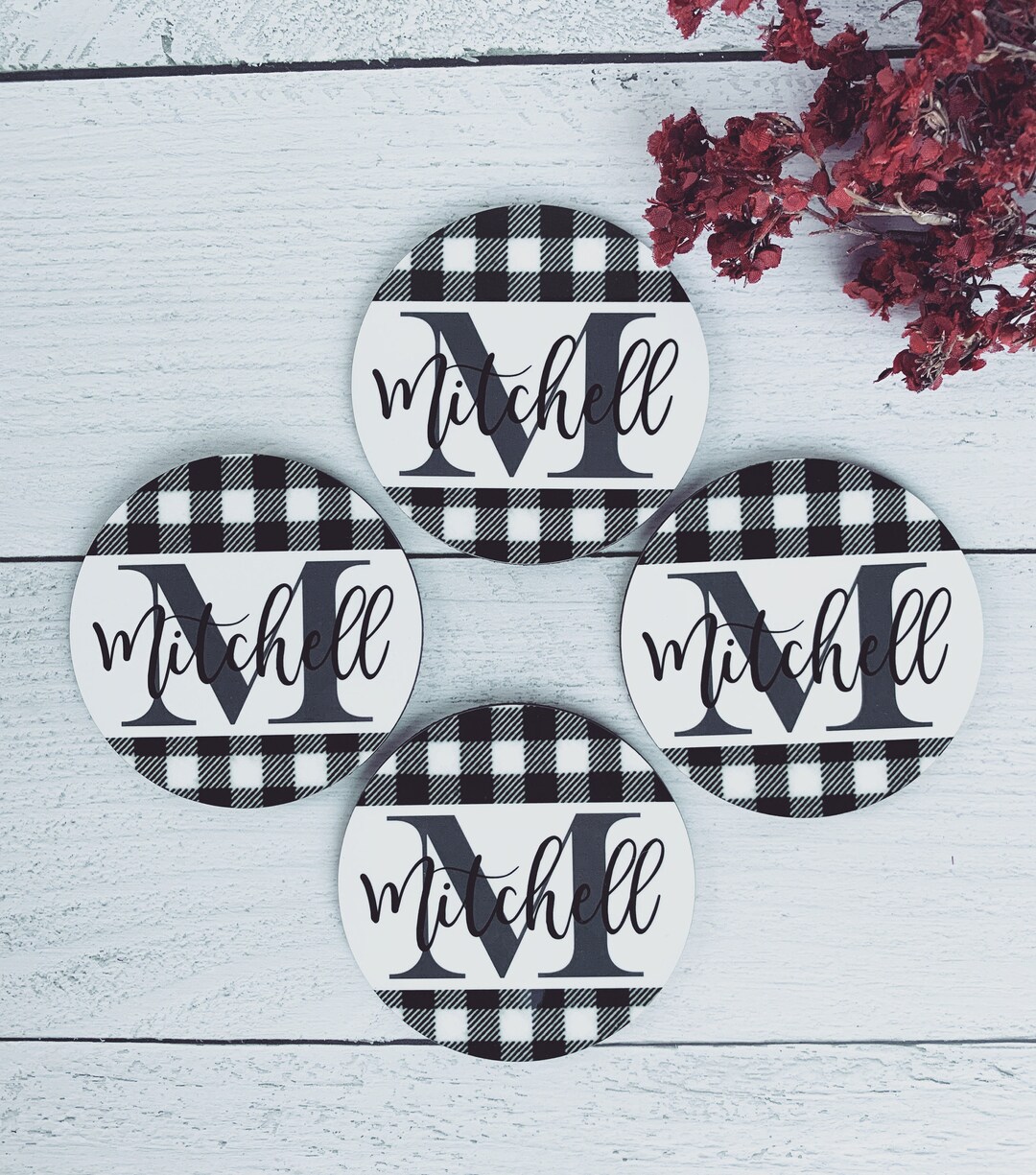 Personalized Coasters, Monogram Coasters, Black & White Plaid Coaster ...