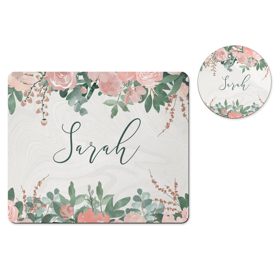 Personalized Peach Floral Desk Set - Mousepad and Coaster, Office Decor ...