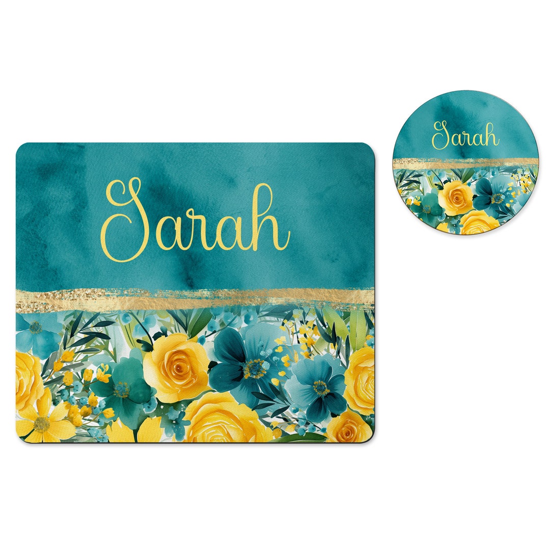 Teal and Yellow Floral Desk Set, Floral Mousepad, Floral Desk Set ...