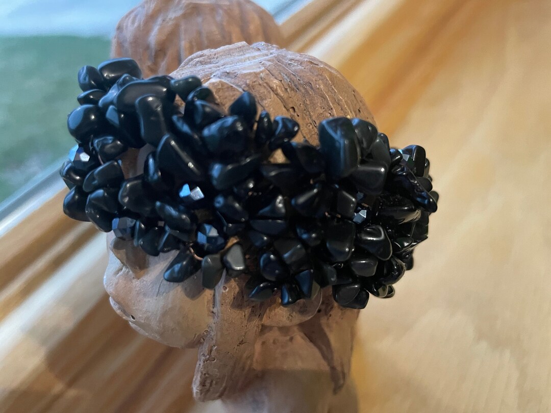 Obsidian Gemstone Bracelet Wide Cuff Chip Beads - Etsy
