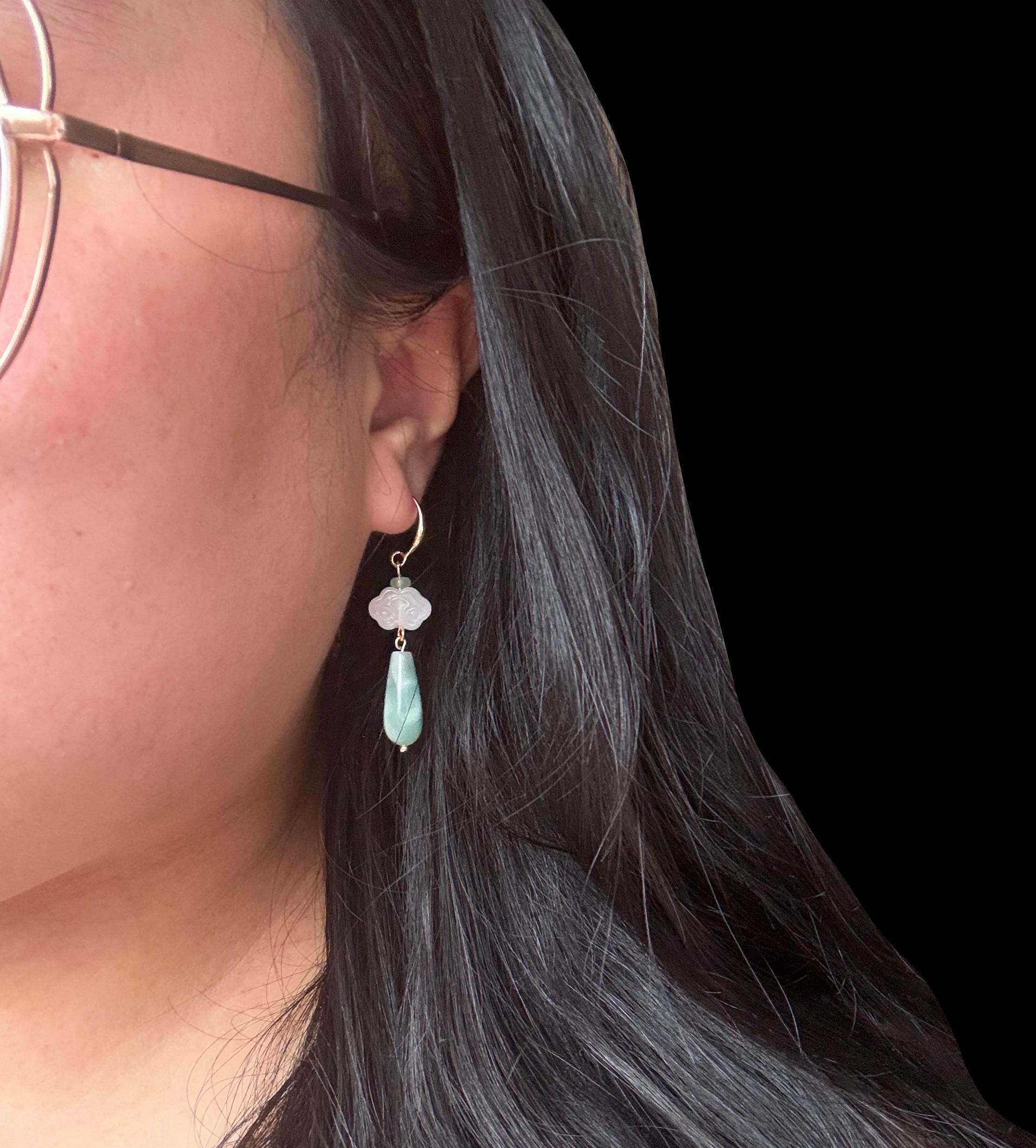 Lucky Cloud Green Moonstone Chinese Style Drop Earrings | Auspicious ...