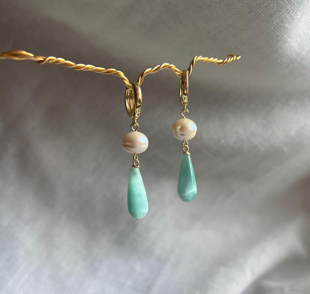 The Lauren Pearl and Minty Green Pectolite Drop Gold Huggie Earrings ...