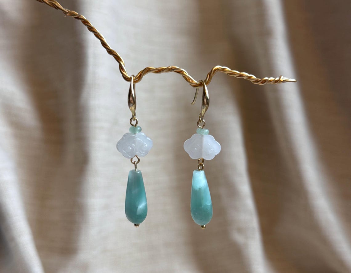 Lucky Cloud Green Moonstone Chinese Style Drop Earrings | Auspicious ...