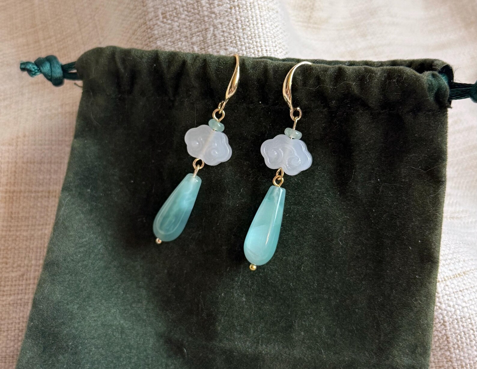 Lucky Cloud Green Moonstone Chinese Style Drop Earrings | Auspicious ...