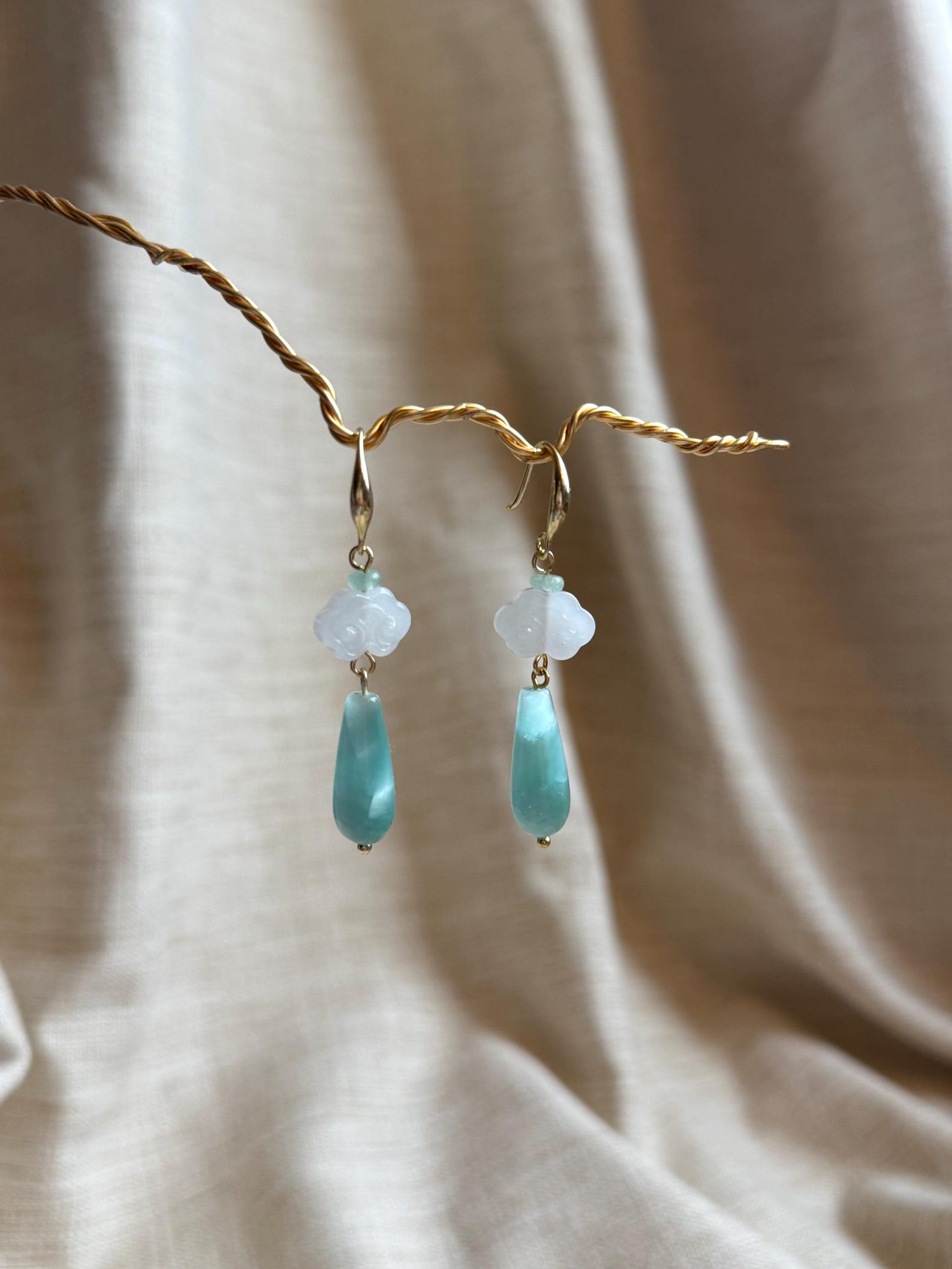 Lucky Cloud Green Moonstone Chinese Style Drop Earrings | Auspicious ...