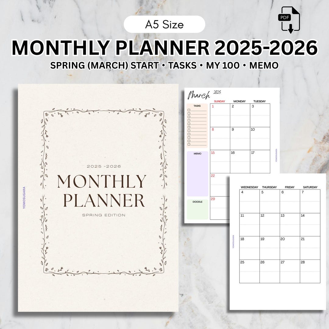 A5 | Spring 2025 Monthly Calendar Planner Inserts | Filofax/6 Ring ...