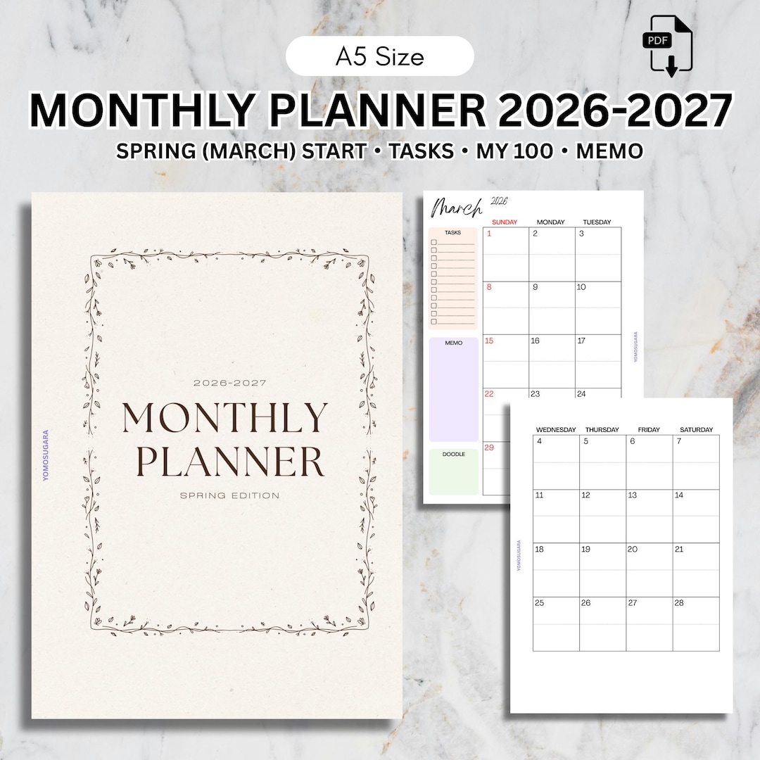 A5 | Spring 2026 Monthly Calendar Planner Inserts | Filofax/6 Ring ...