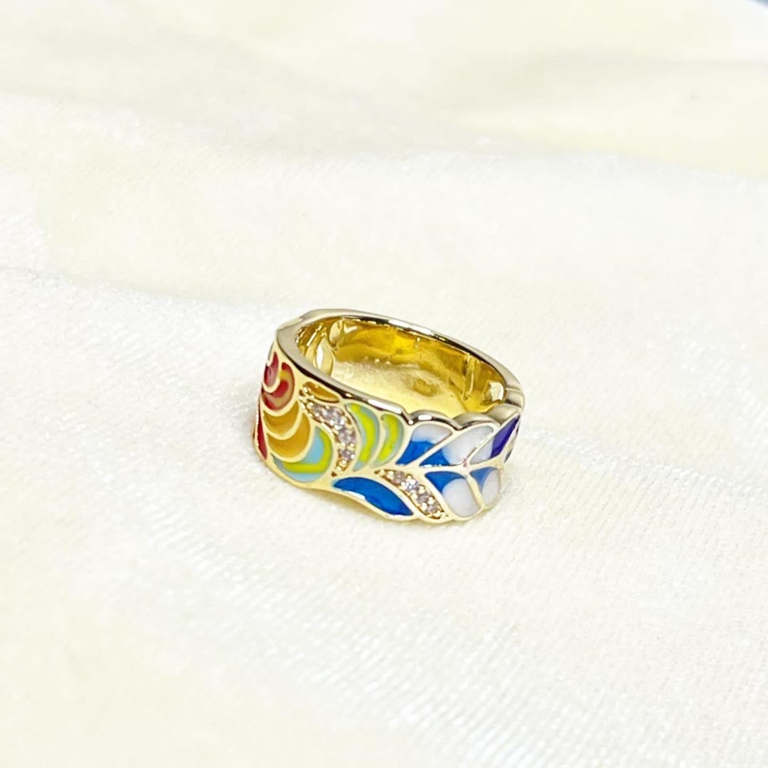 Shiny Goldtone Feathered Rainbow Pride Rhinestone Thick Band Ring (#1 ...