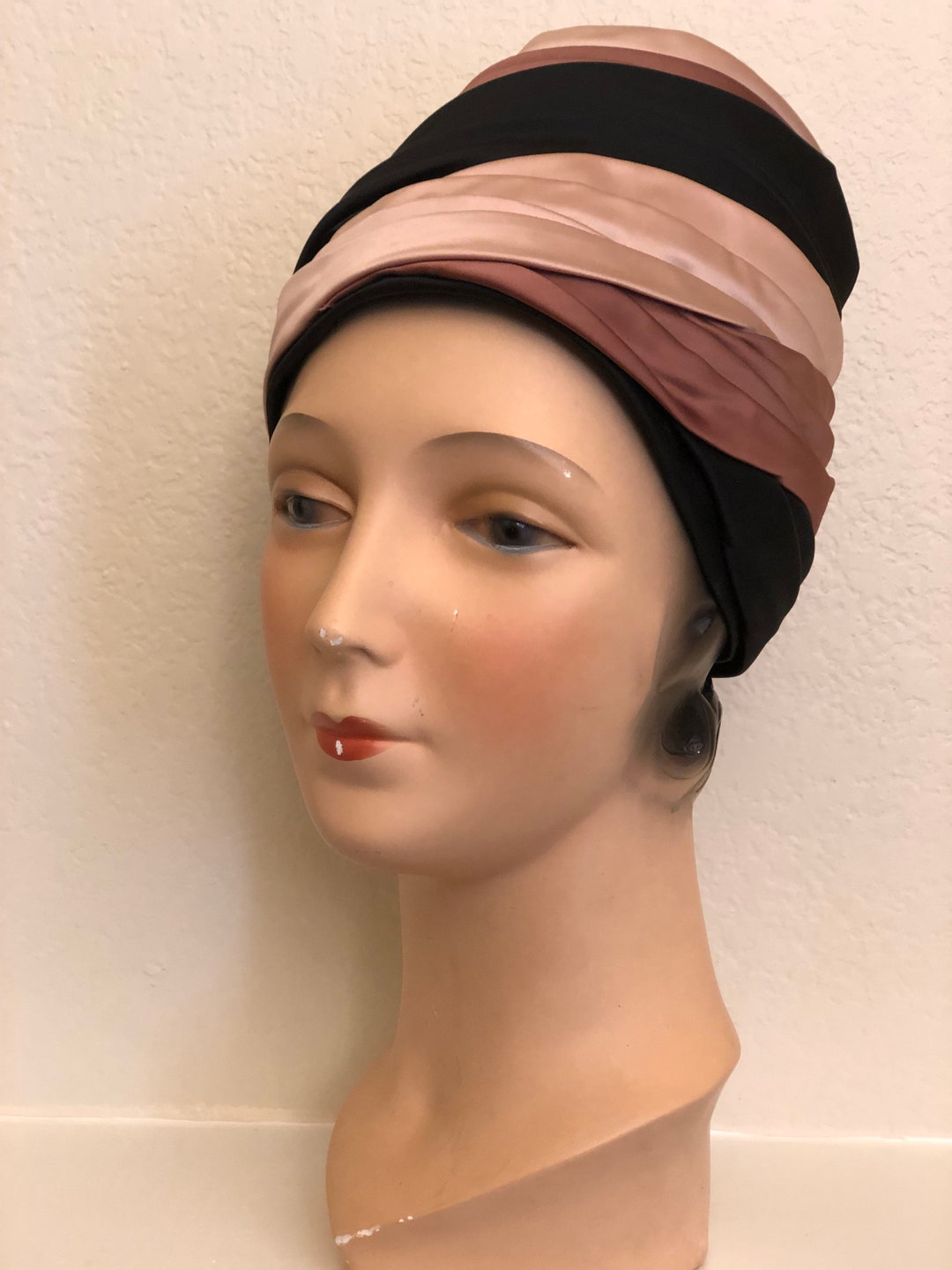 Sophisticated Vintage Tall Satin Turban in Beige Brown and - Etsy