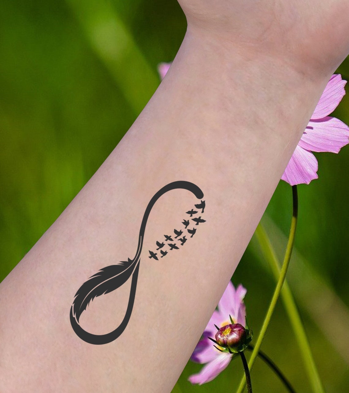 2 Feather Infinity Symbol With Birds Temporary Tattoos Small | Etsy