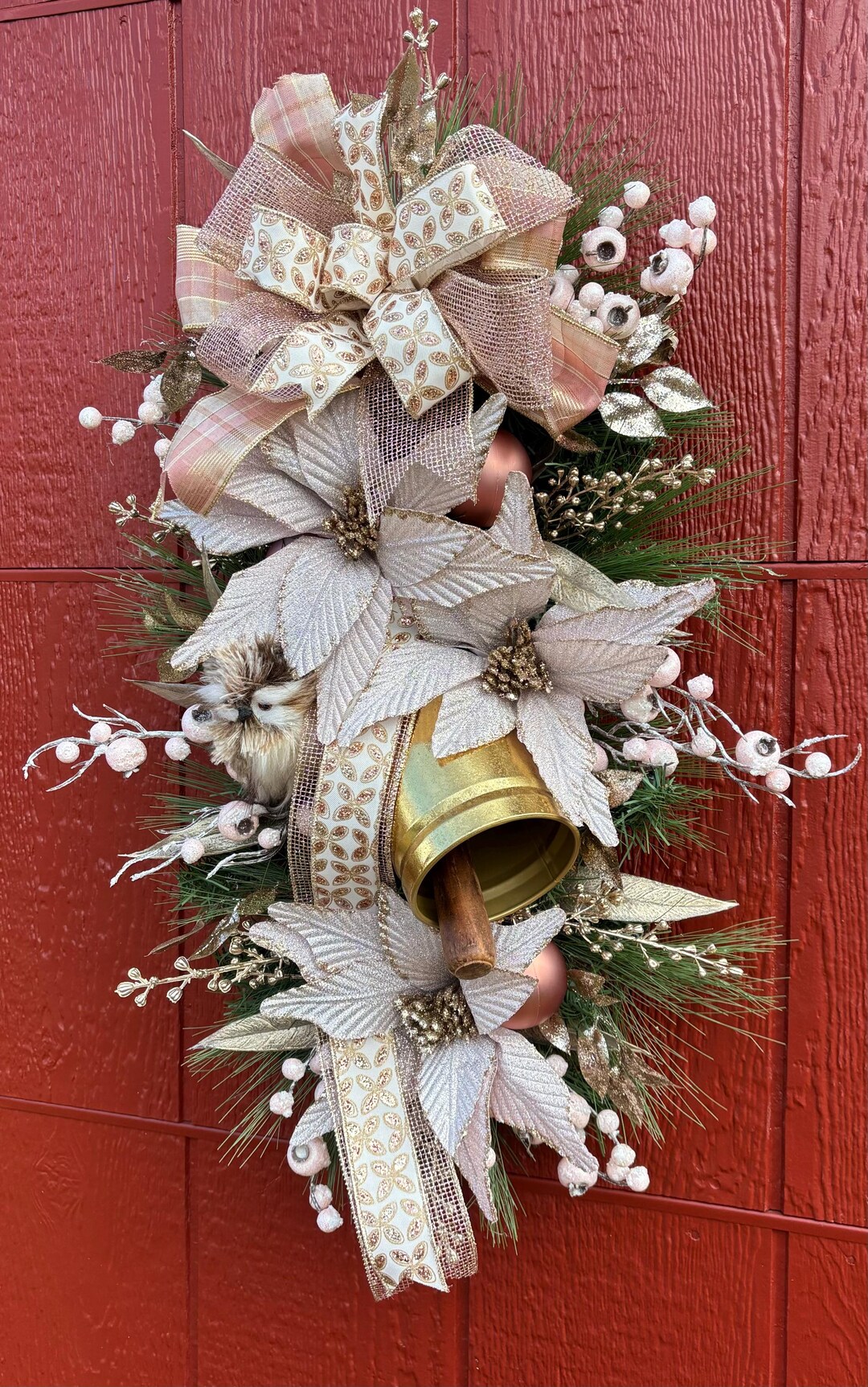 Elegant Pink Rose Gold Bell Owl Greenery Swag Wreath Pointsettia ...