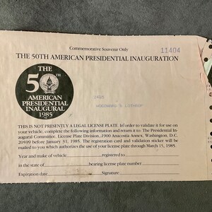 Vintage 1985 Ronald Reagan Washington DC Presidential Inaugural License ...