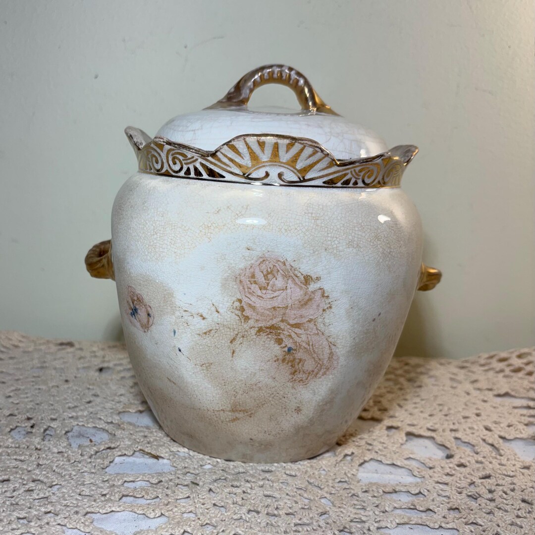 Antique Biscuit Jar With Lid, O.B. China Porcelain, Hand-painted Roses ...