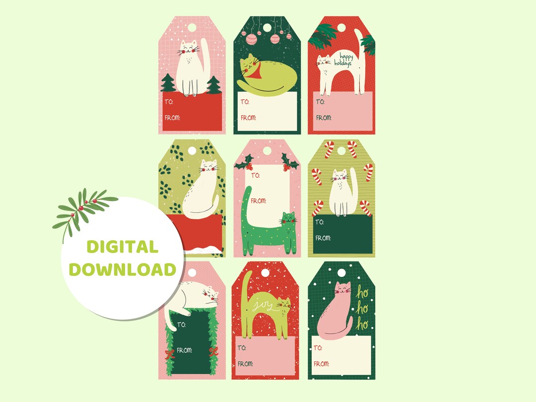 Printable Cat Christmas Gift Tags, Holiday Gift Tags Printable, Holiday ...