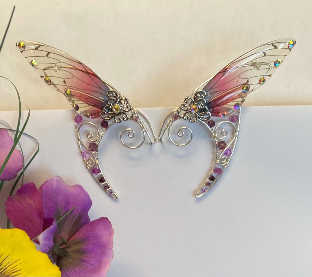 Sterling Silver Elf Ear Cuffs, Berry Pink Swarovski Crystals, Fairy Ear ...