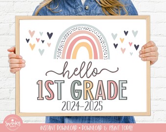 Boho Rainbow Hello Kindergarten Sign, First Day of Kindergarten Girl ...