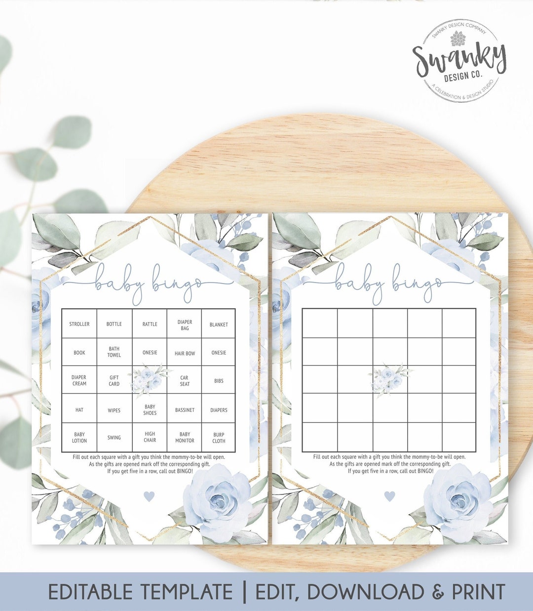 Blue Floral Baby Shower Bingo Printable Card Prefilled Baby - Etsy