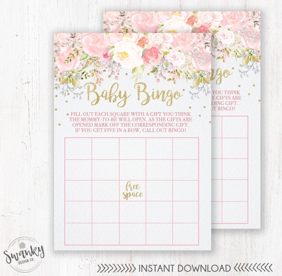 Floral Baby Shower Bingo Card, Baby Girl Bingo Game, Pink Roses, Baby ...
