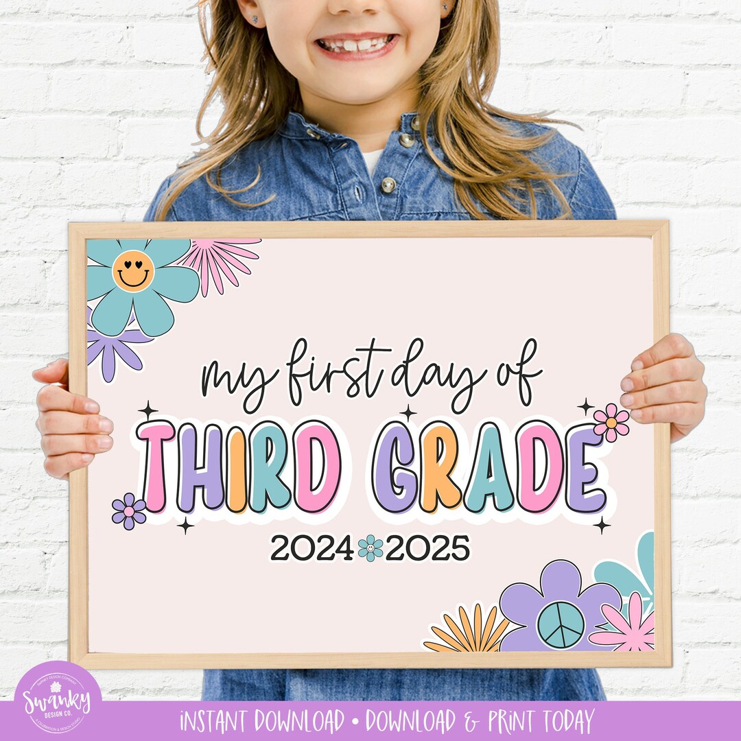 Boho Retro Third Grade Sign, First Day of Third Grade Girl Sign ...
