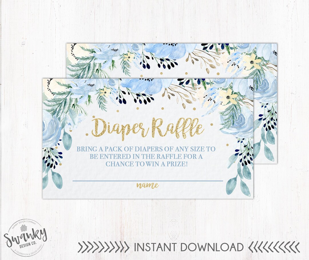 Blue Floral Diaper Raffle Ticket, Boy Diaper Raffle Insert, Baby Blue ...