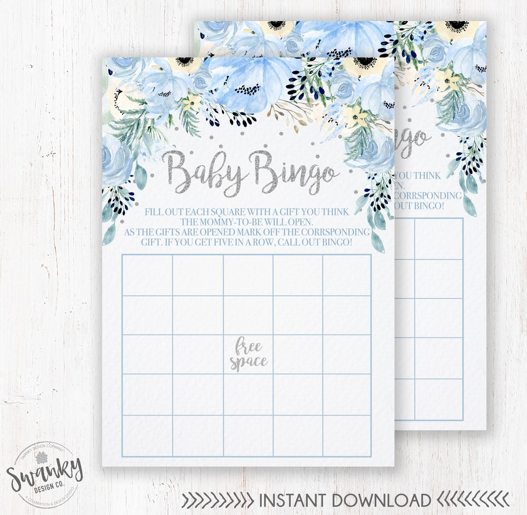 Blue Floral Baby Shower Bingo Card, Baby Boy Bingo Game, Blue and ...