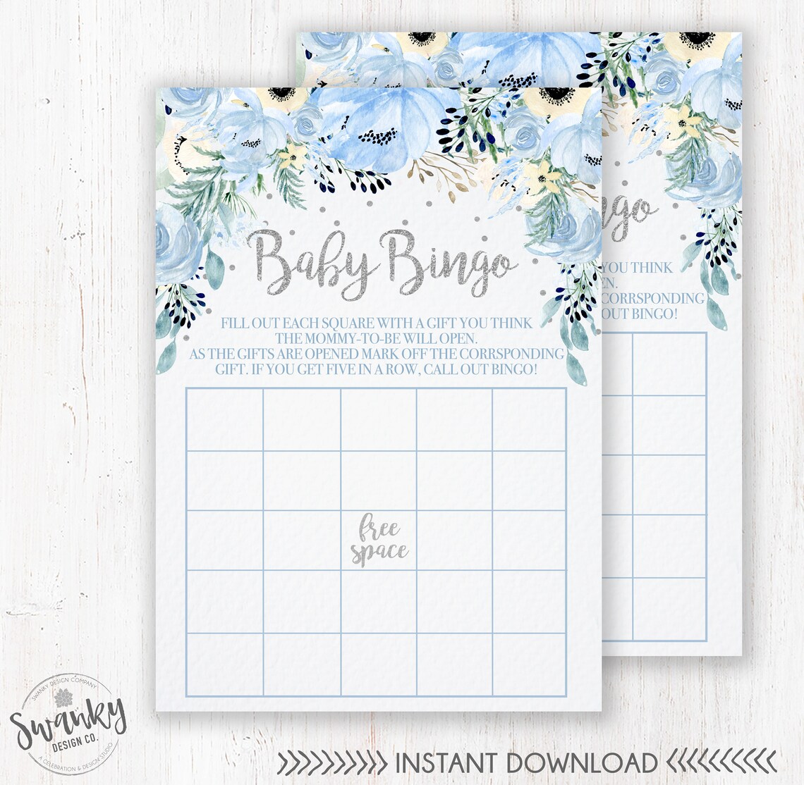 Blue Floral Baby Shower Bingo Card Baby Boy Bingo Game Blue | Etsy