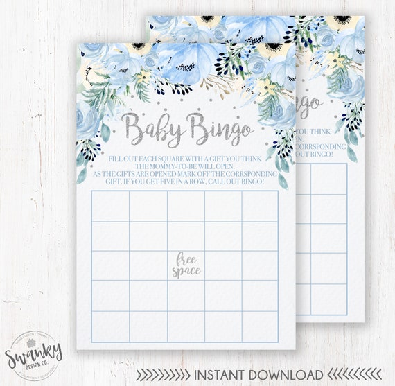 Blue Floral Baby Shower Bingo Card, Baby Boy Bingo Game, Blue and ...