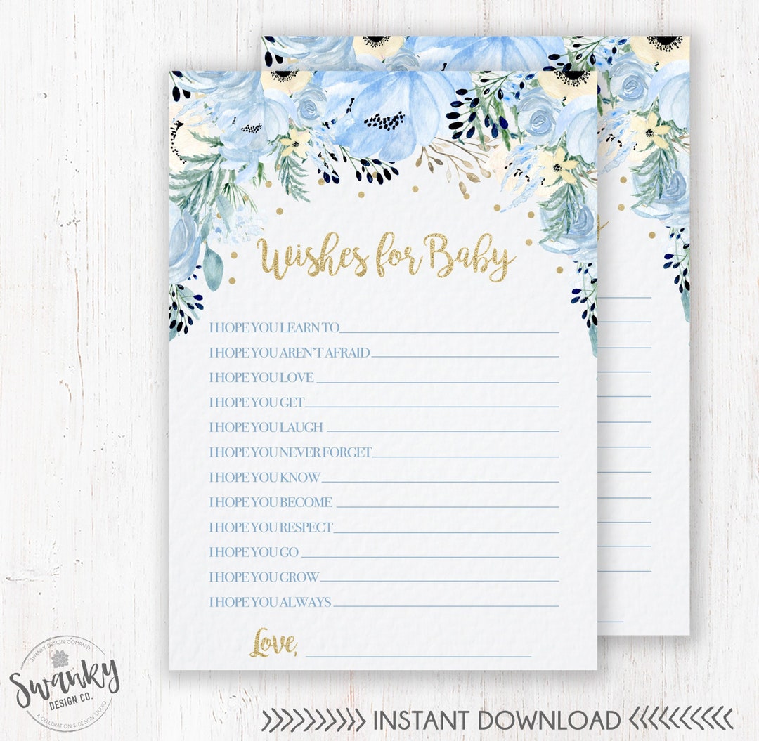 Blue Floral Wishes for Baby Printable, Floral Dear Baby Cards, Boy Baby ...