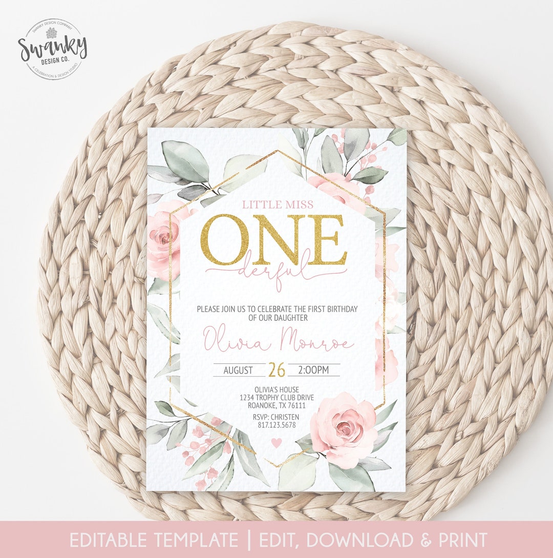 Editable First Birthday Invitation Template Little Miss Onederful ...