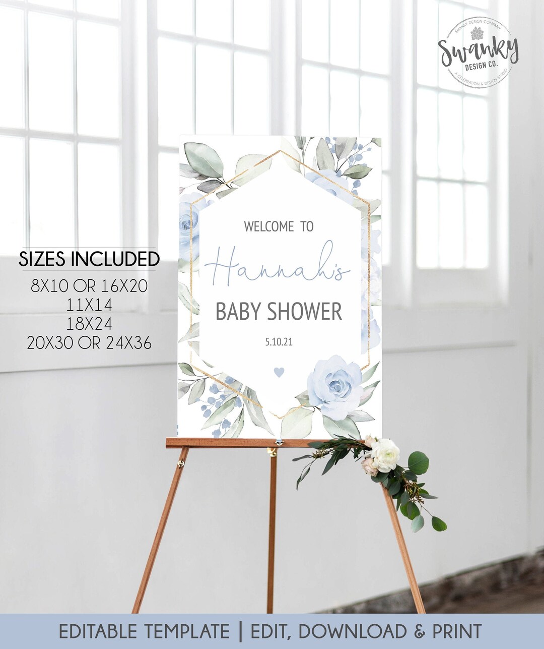 Blue Floral Welcome Baby Shower Sign Template, Editable Baby Shower ...